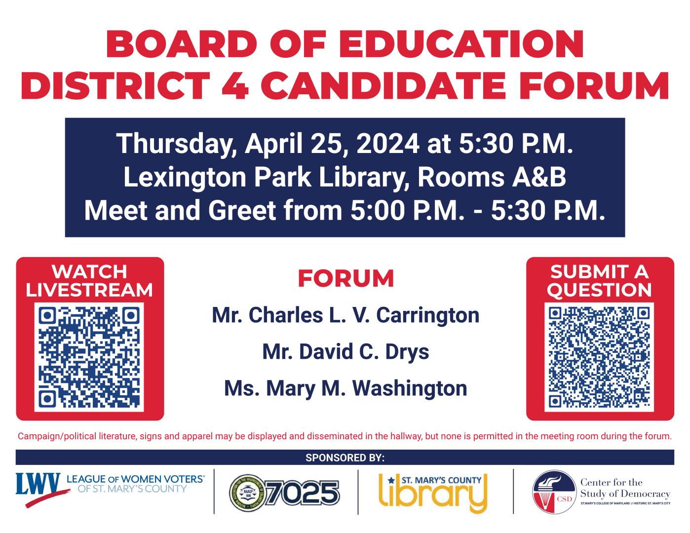 Board of Education District 4 Candidate Forum | St. Marys College of Maryland